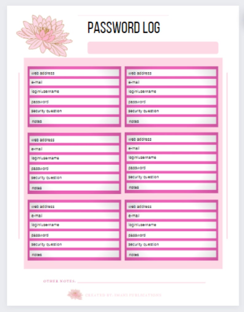 Printable Password Log Keeper Tracker Digital Planner Letter A4 A5 Half Page Sizes Etsy