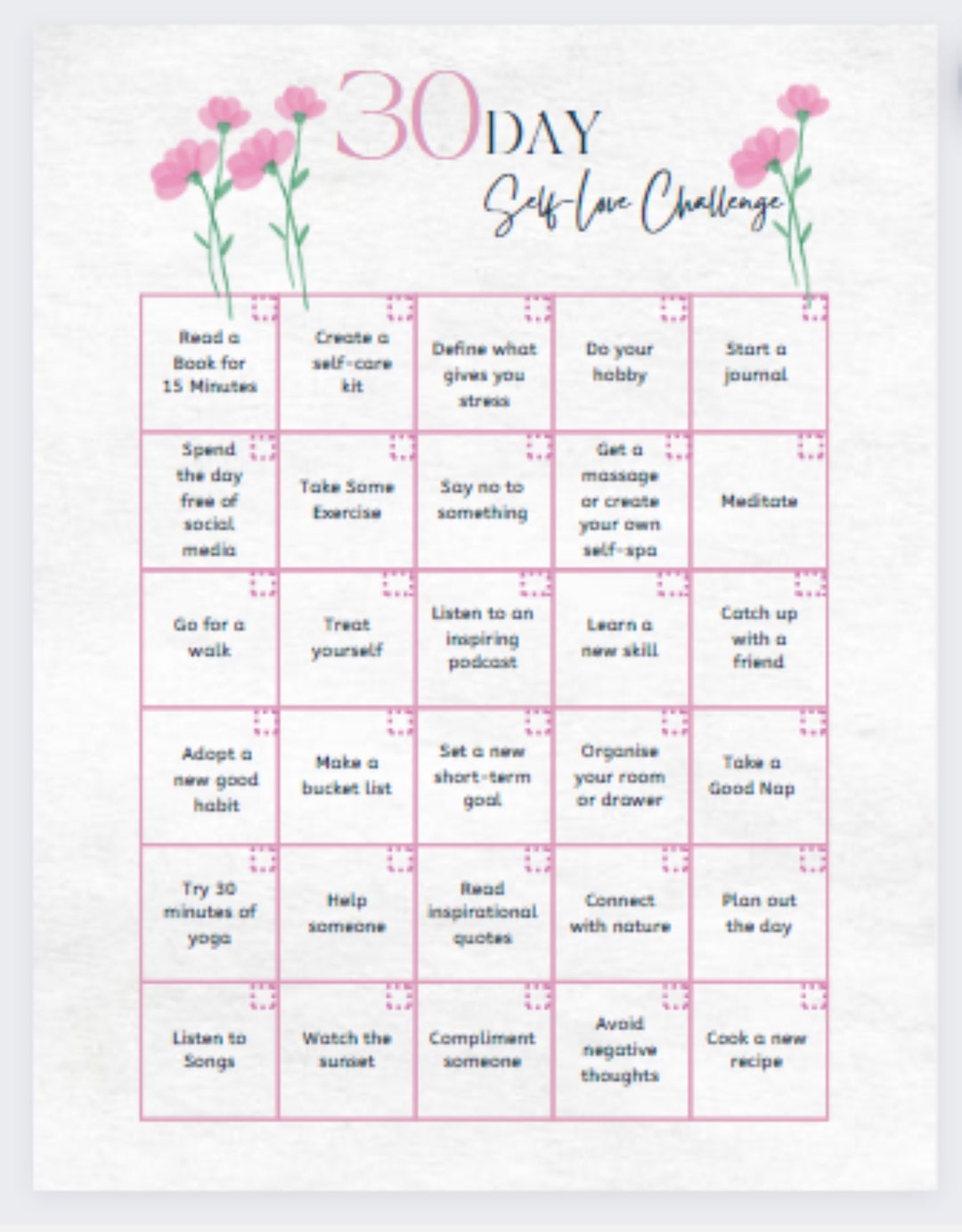 Printable 30 Day Self Love Challenge Planner, Tracker, Log, Size Letter ...