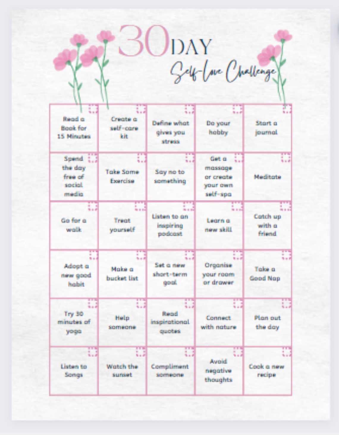 Printable 30 Day Self Love Challenge Planner, Tracker, Log, Size Letter ...