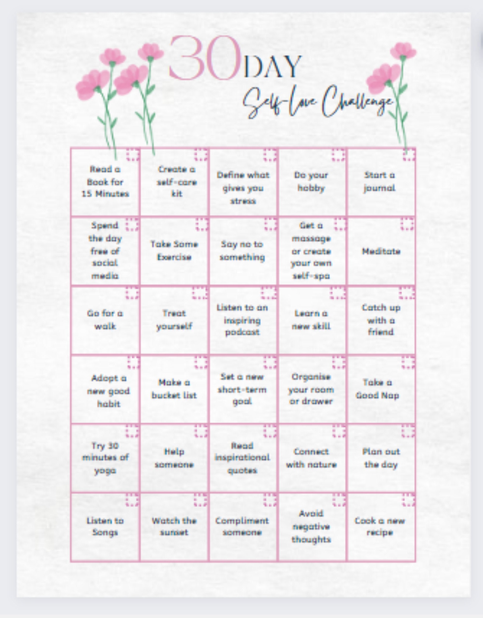 Printable 30 Day Self Love Challenge Planner, Tracker, Log, Size Letter ...