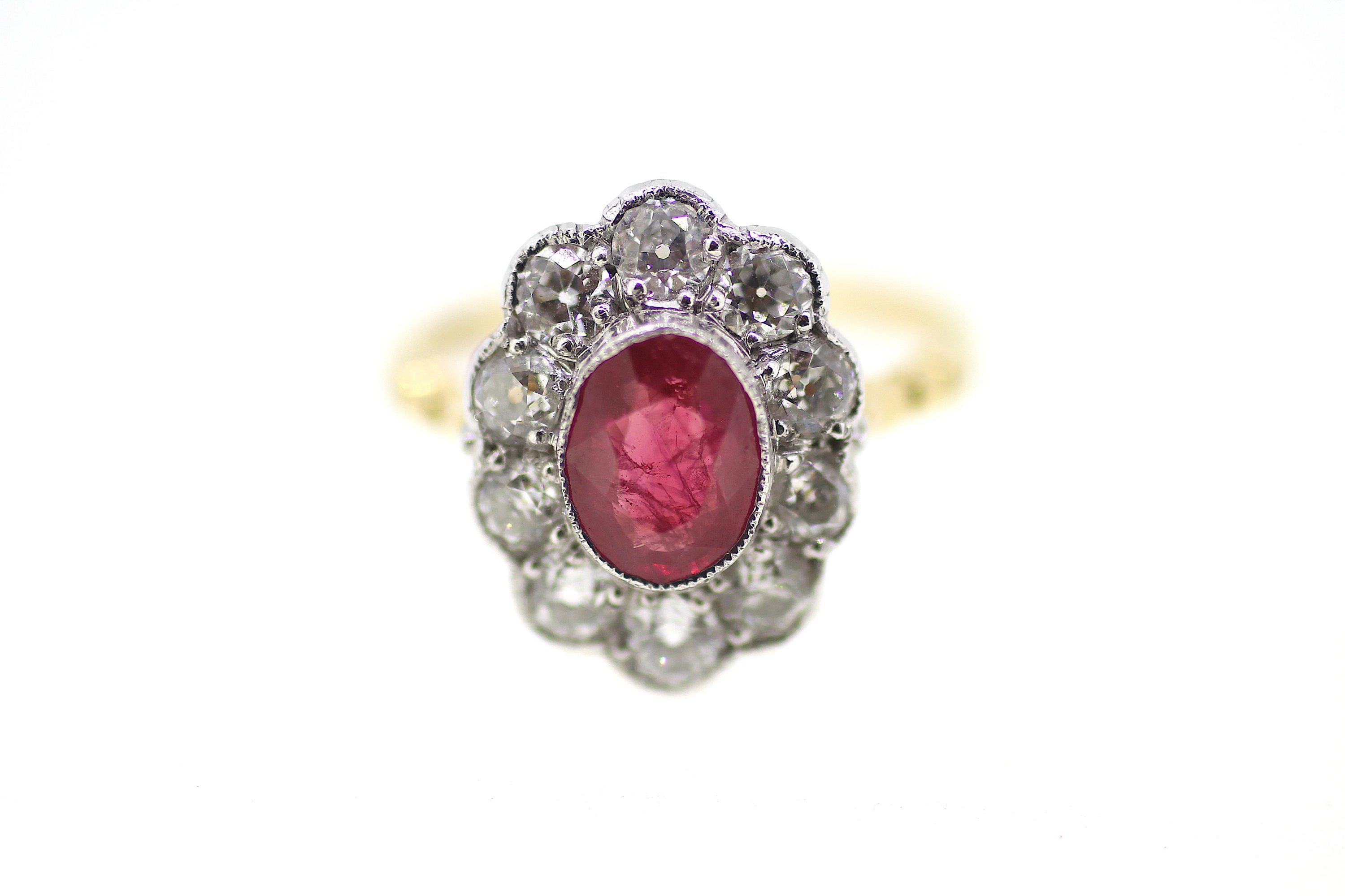 18ct Art Deco Ruby and Diamond Ring / Antique Ruby Diamond Surround ...