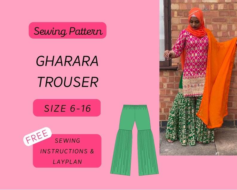 Gharara Trousers A4/A0 PDF Sewing Pattern Sizes 6-16 kurta, Kurti ...