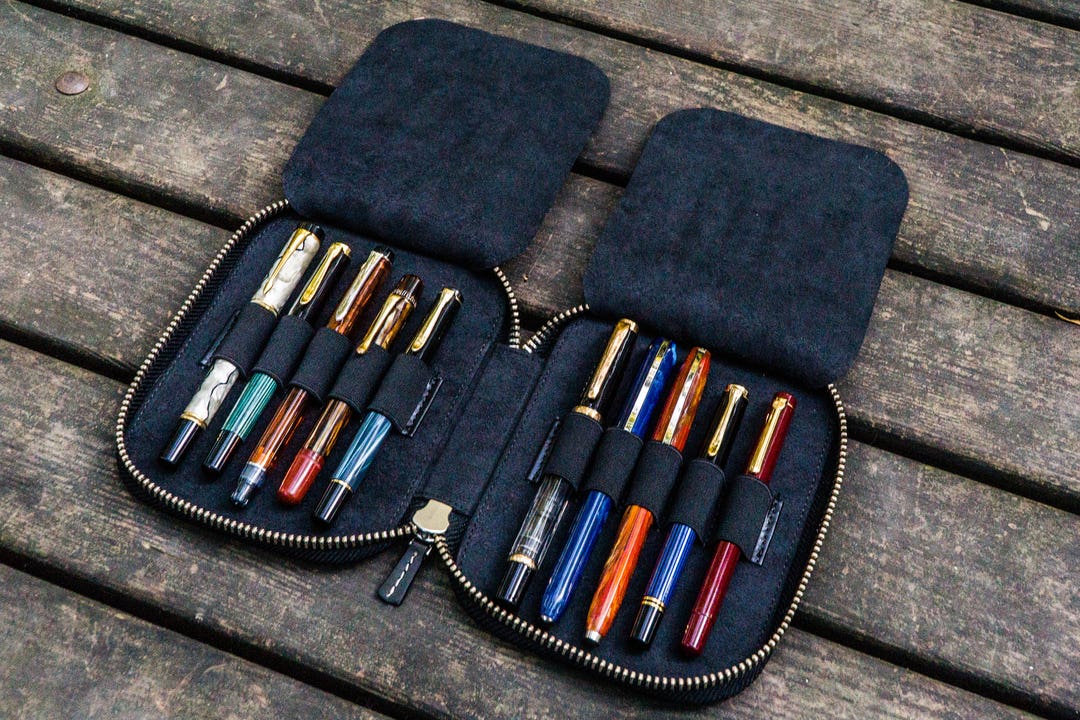 Personalized Black Leather Zippered Pen Case - Handmade 10 Slot ...