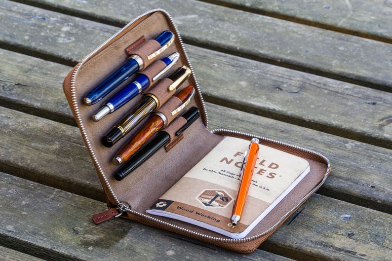 Leather Zippered 5 Slot Pen Case in Brown – Handmade Full Grain Leather ...