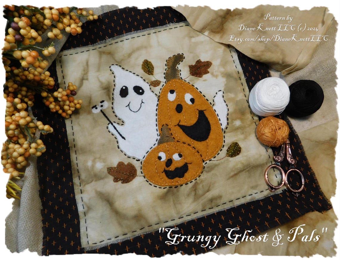 Grungy Ghost and Jack O' Lanterns Wool Applique Pattern Download for ...