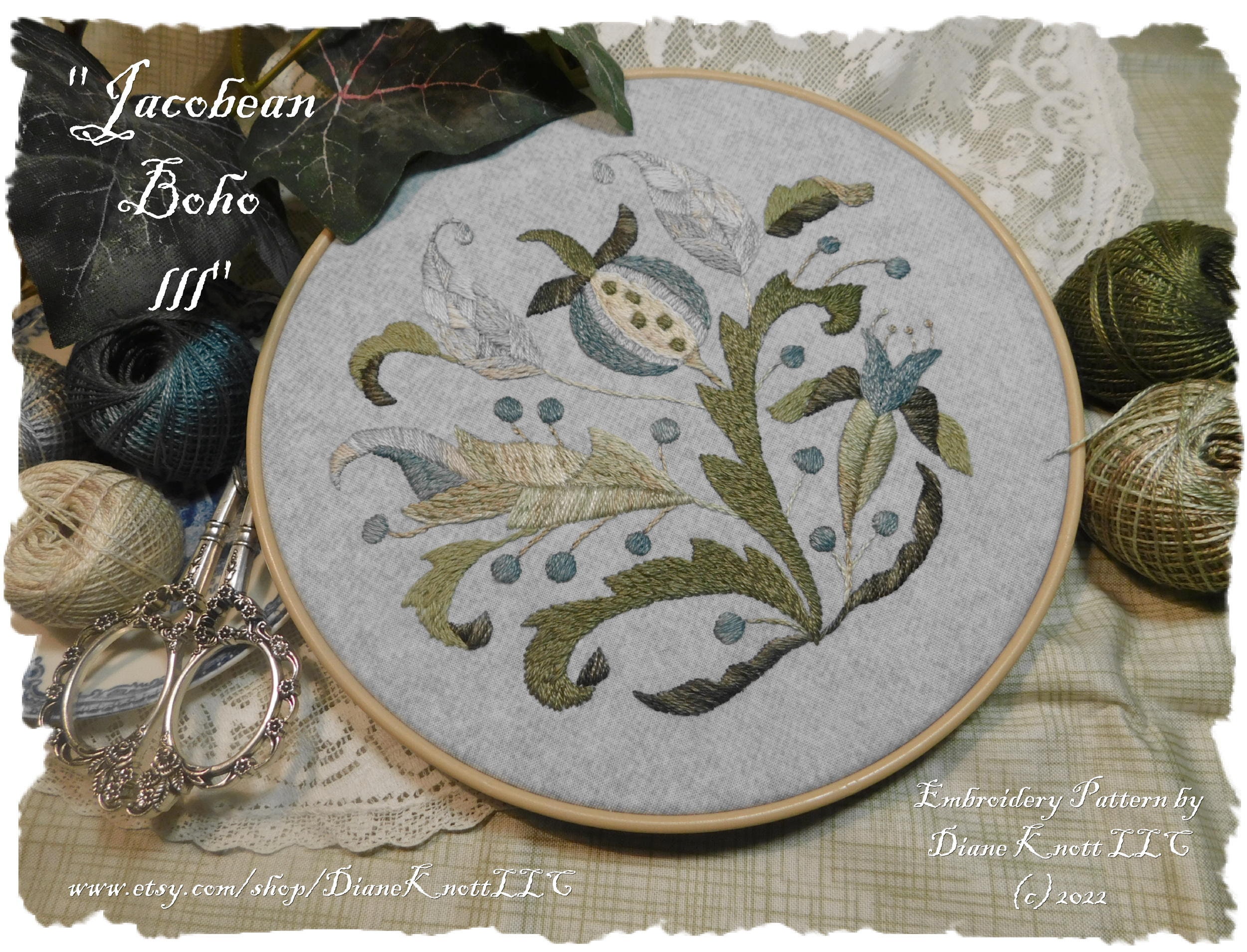 Jacobean Boho III Hand Embroidery Pattern Download by Diane Knott LLC ...