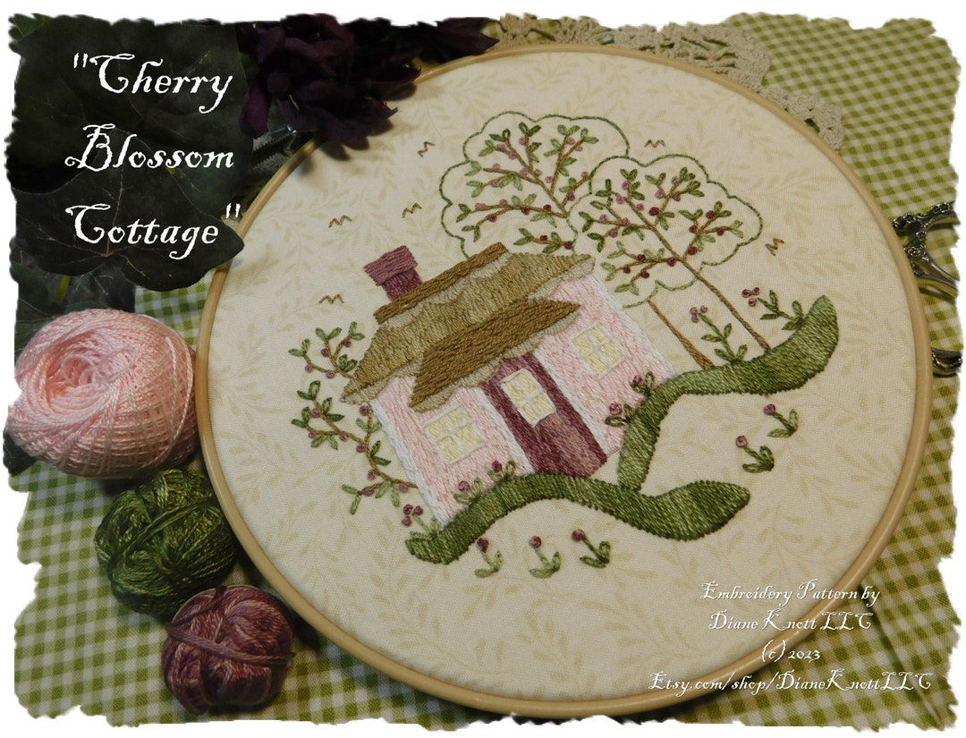 A Pink Cottage Hand Embroidery Pattern Download by Diane Knott LLC - Etsy