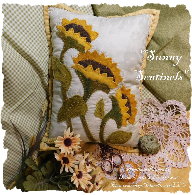 Sunflowers Hand Wool Applique Pillow Pattern Download 9 X 12 Also Suitable for Cotton Fusible ...