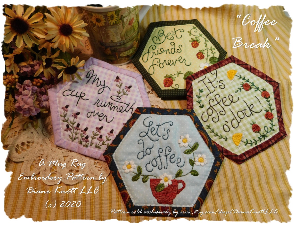 Coffee Break Mug Rugs Embroidery Pattern Download by Diane | Etsy