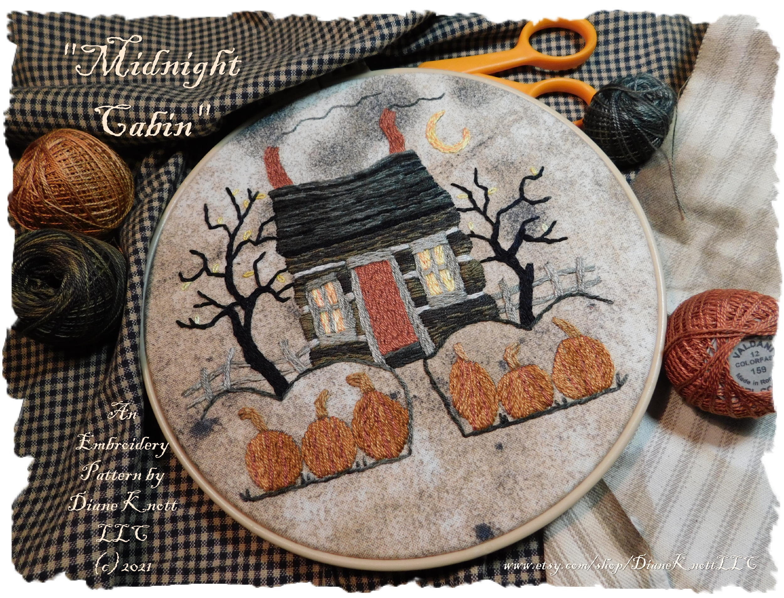 Halloween Log Cabin Pumpkins Moon and Creepy Trees | Etsy