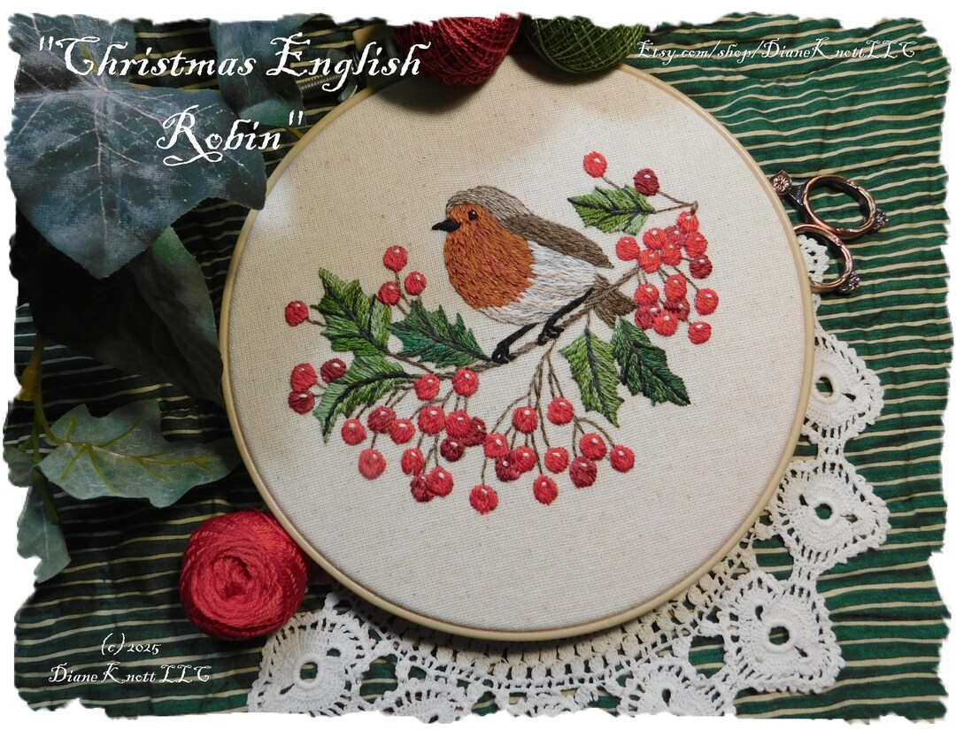 Christmas English Robin Hand Embroidery Pattern Download - Bird With ...