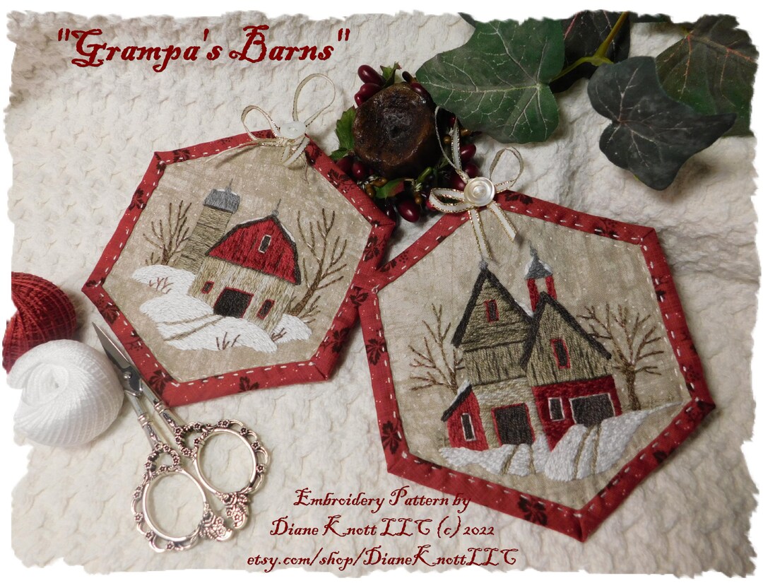 Hand Embroidery Pattern Winter Barns Download - Christmas Ornaments or ...