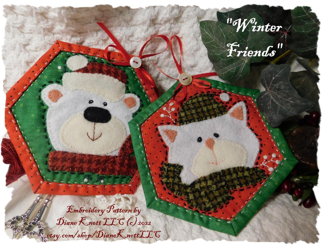 Wool Applique Christmas Ornament Pattern Download - Cat and Bear - Easy ...