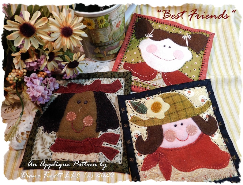 Best Friends Wool Applique Mug Rugs Pattern Download by Diane Knott LLC ...