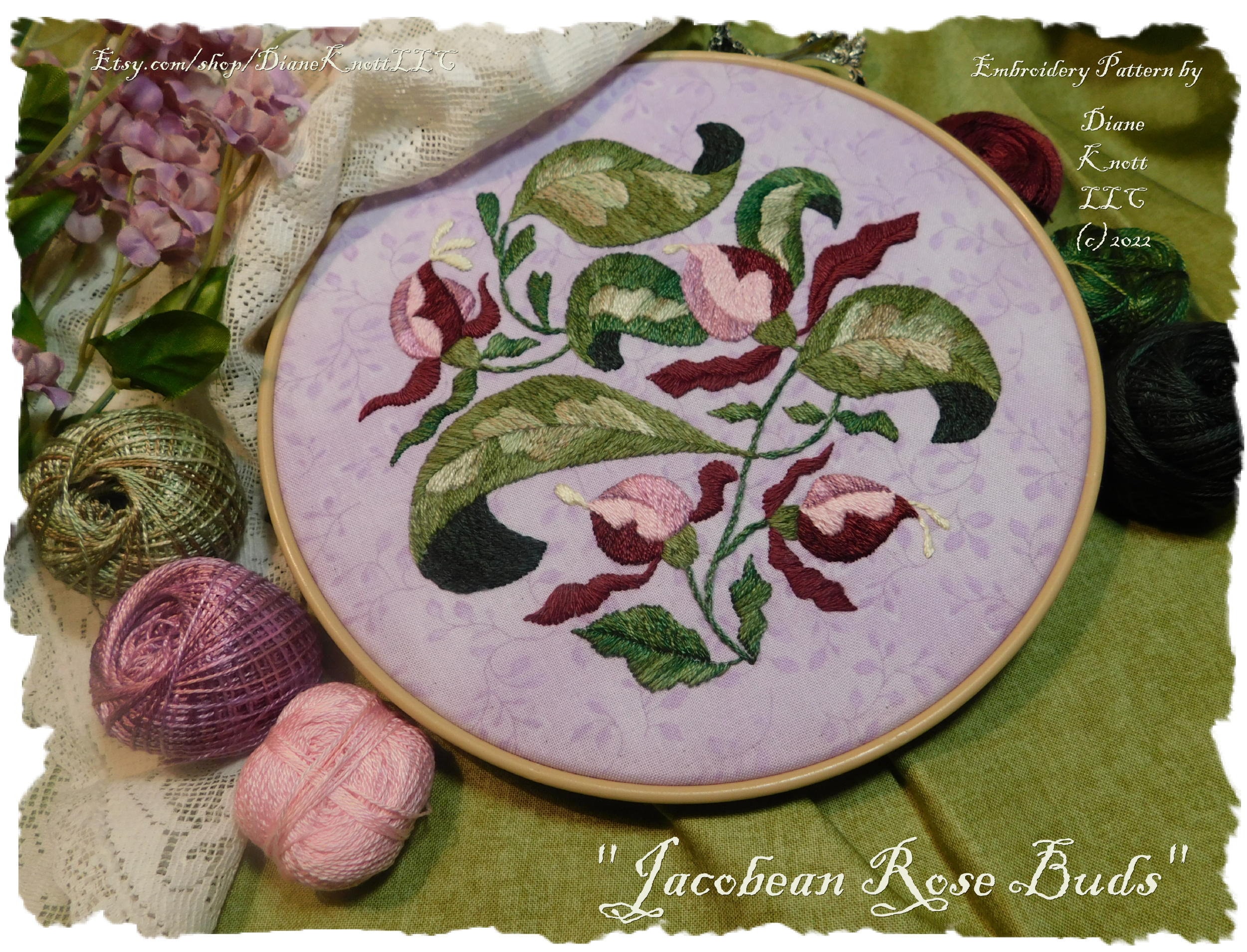 Jacobean Rose Buds Crewel Style Hand Embroidery Pattern Download by ...