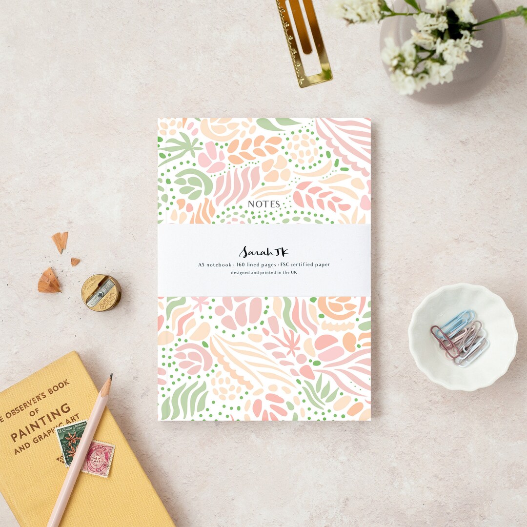 Pastel Pink and Peach Patterned Notebook | Blank Lined Page Notebook ...