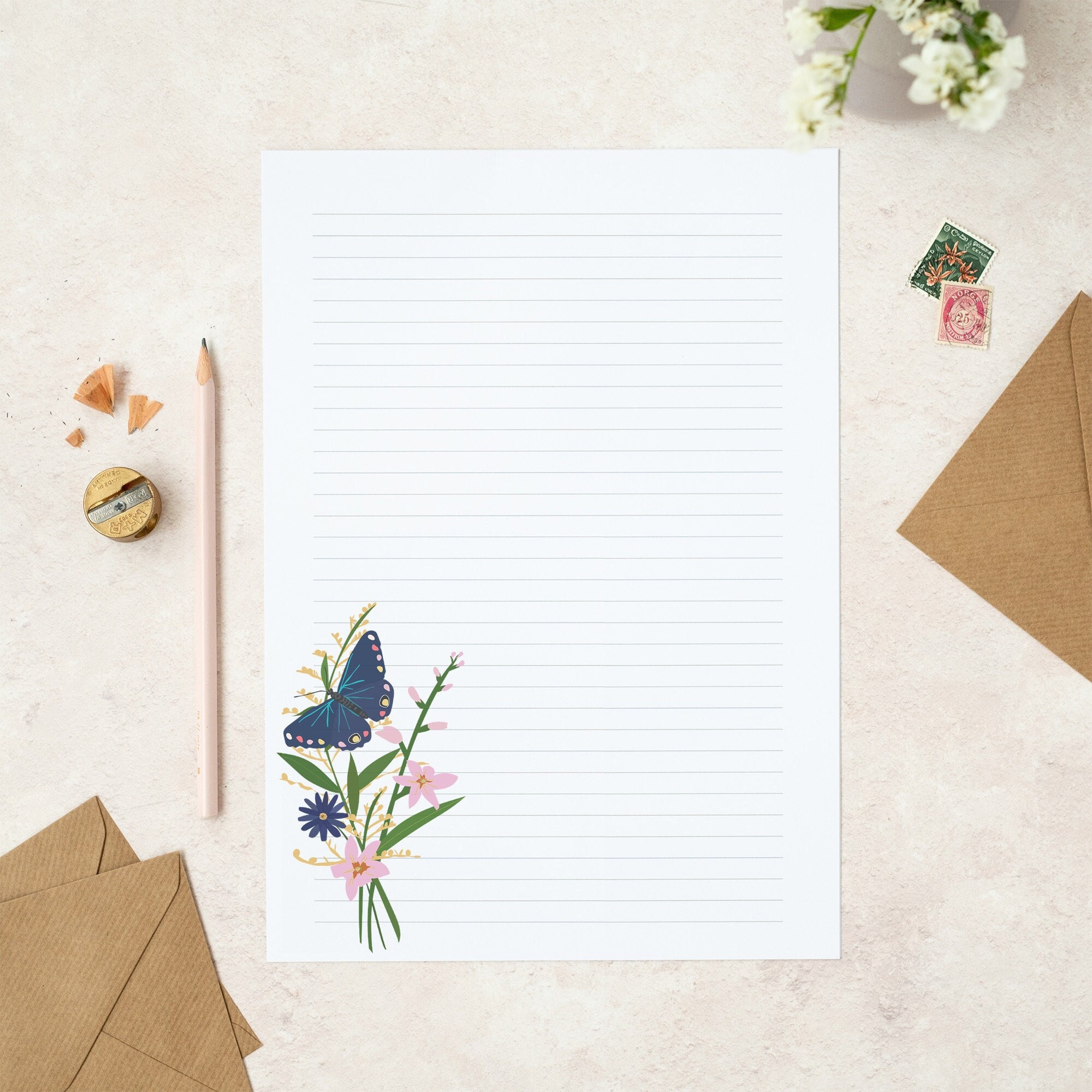 A4 Writing Paper Sheets | Plain or Lined | Pretty Floral Butterfly ...