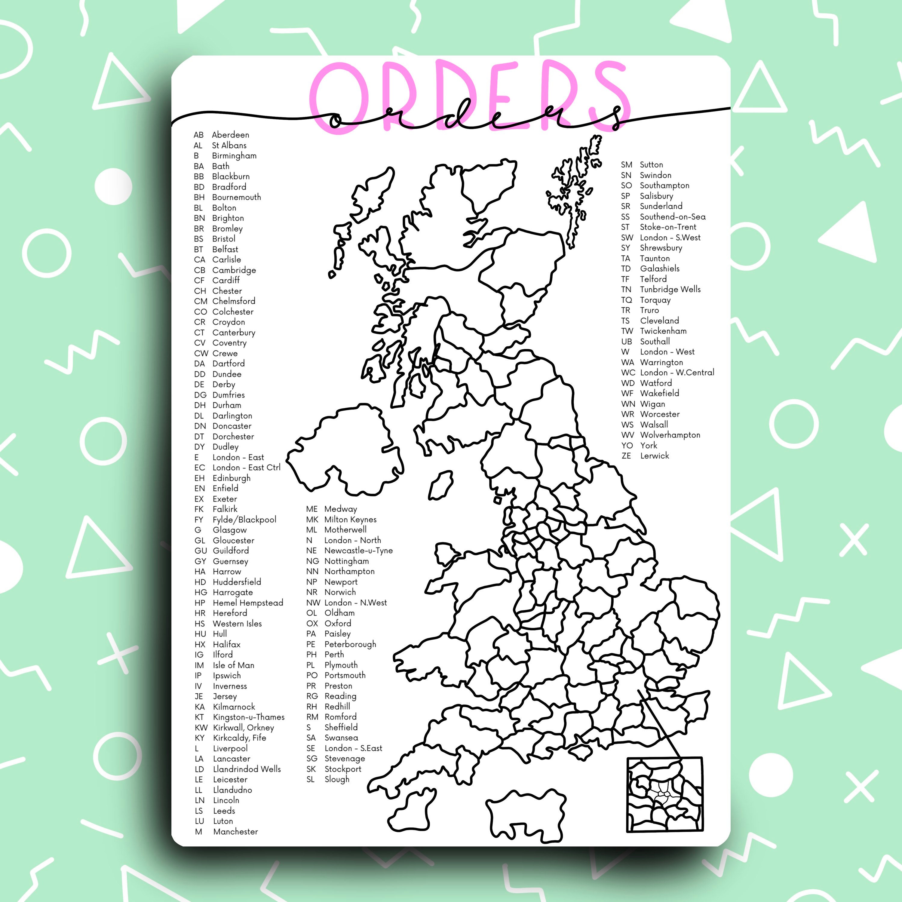 Orders Map UK Postcodes Map Download or Print | Etsy