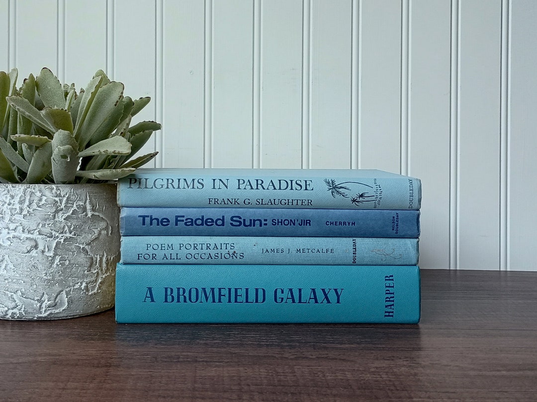 Vintage Blue Books, Set of 4 Old Books, Blue Bookshelf Decor, Stacked ...