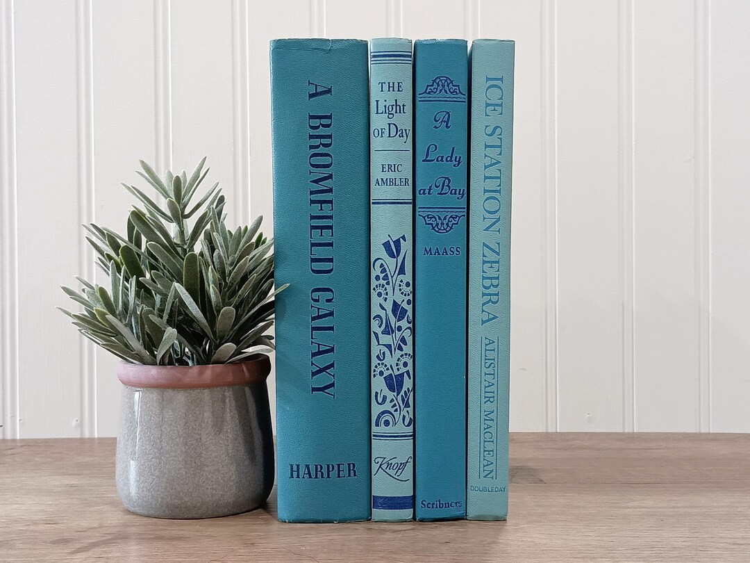 Vintage Blue Books, Set of 4 Old Books, Blue Bookshelf Decor, Stacked ...