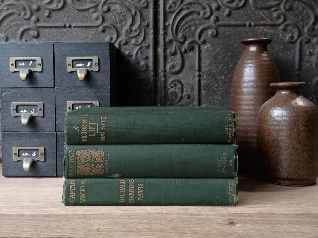 Antique Green Books, Old Green Books, Vintage Bookshelf Decor ...