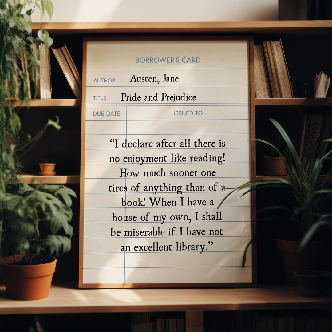 Pride and Prejudice Quote Library Card Printable Wall Art, Digital ...