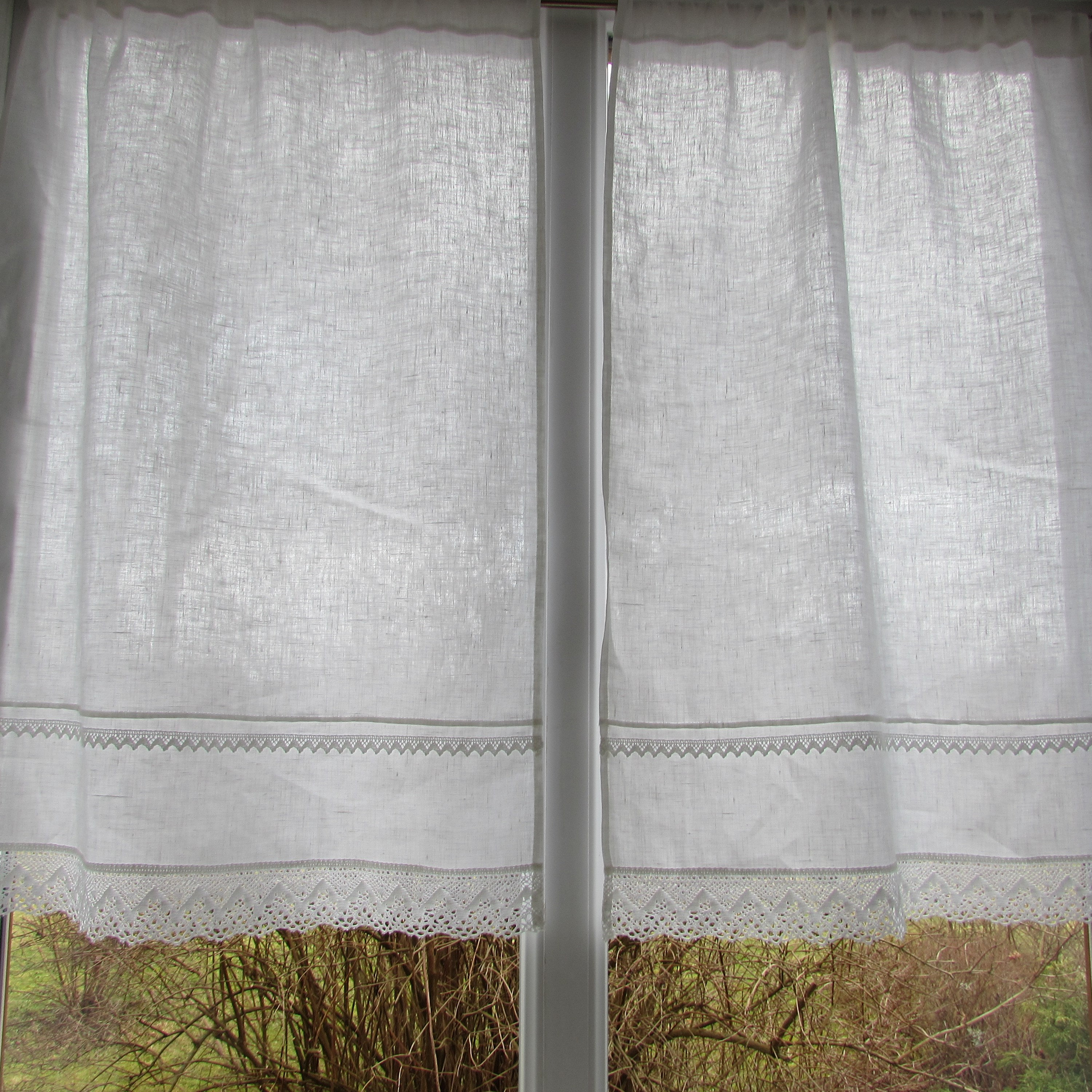 White Linen Curtain Romantic Cafe Curtains With Lace Edge Trim - Etsy