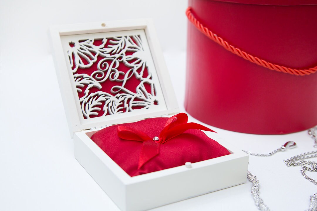 White Wood Ring Box , Red Colour Cushion , Ring Holder - Etsy