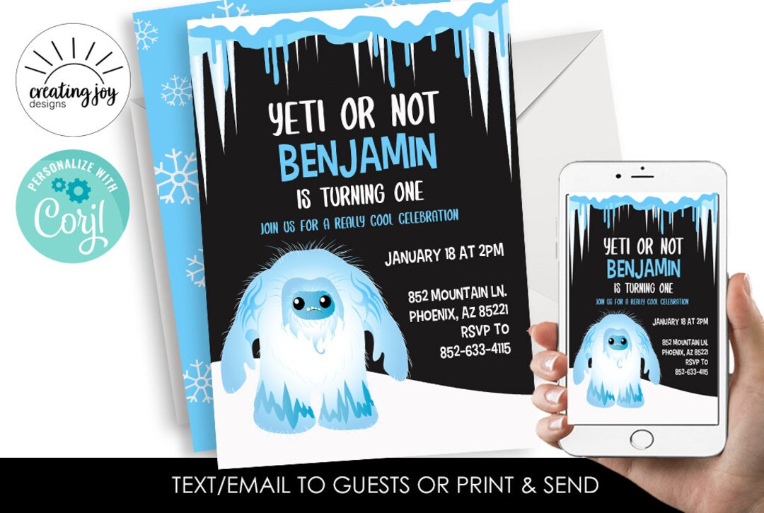 Editable Yeti Invitation Winter Invite Digital Kids Bigfoot Christmas ...