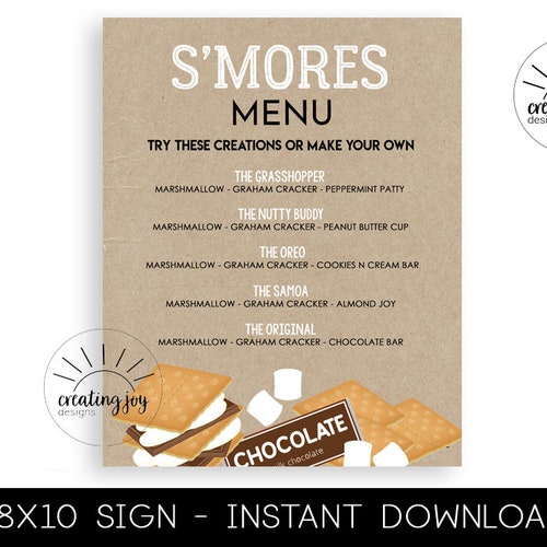 S'mores Menu Printable Smores Bar Sign Minimalist - Etsy