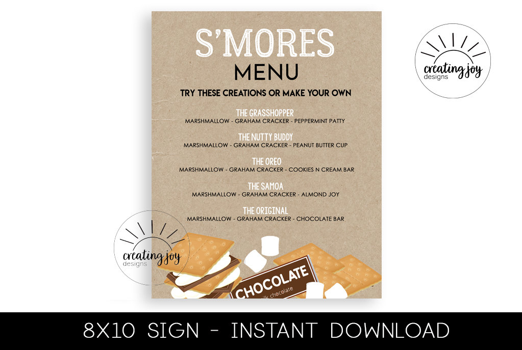 S'mores Menu Sign 8x10 Digital Party Decor Smores Bar S'more Birthday ...
