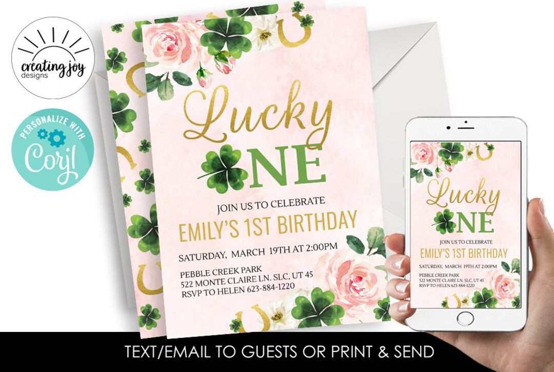 Editable Lucky One Invitation Invite Digital Birthday Kids St Patrick's ...