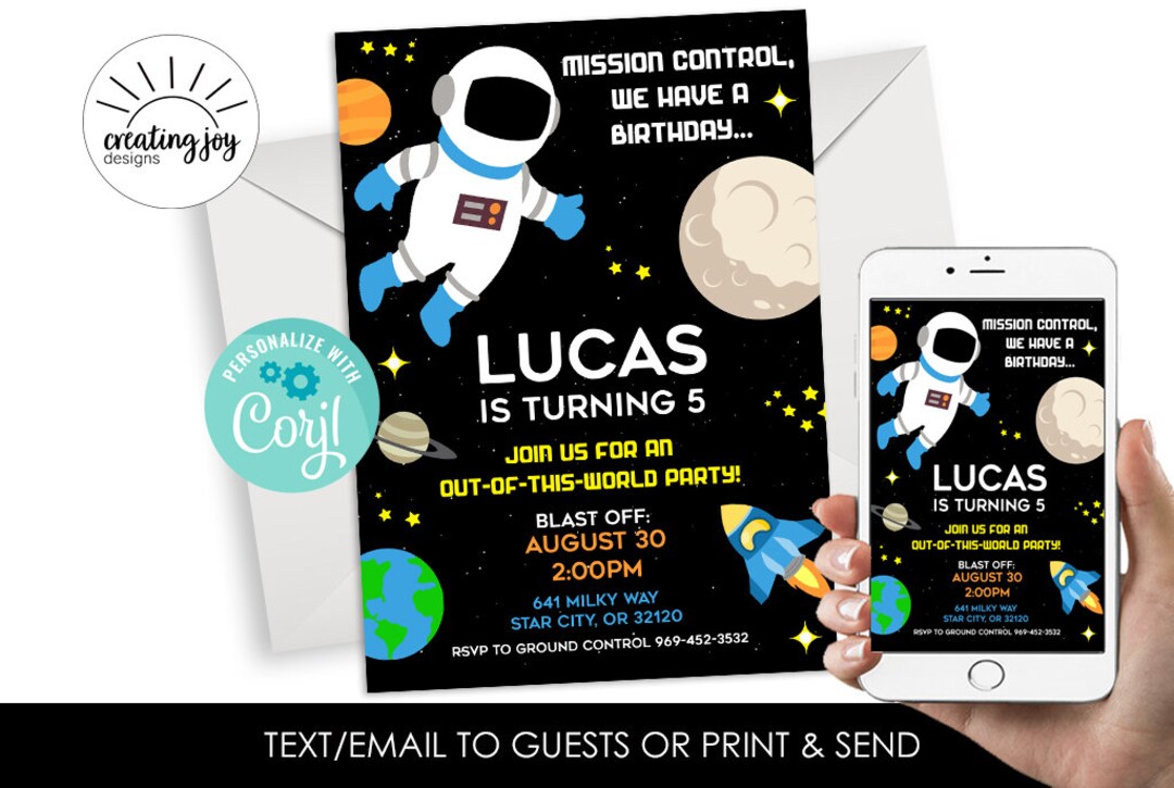 Editable Space Birthday Invitation Invite Outer Space Astronaut 5x7 ...