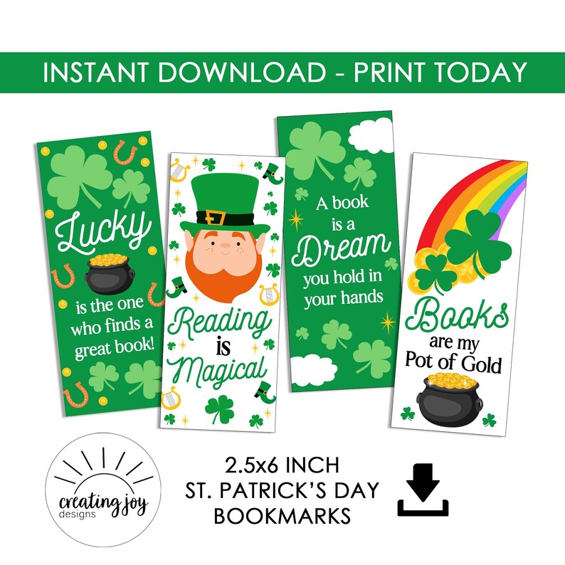 St Patricks Day Bookmarks Printable Digital Instant Download Classroom ...