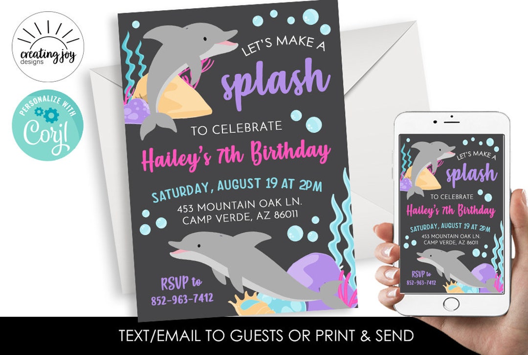 Editable Dolphin Invitation Invite Birthday Splash Digital 5x7 ...