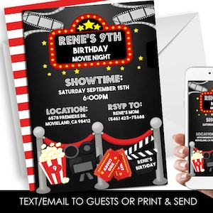 Editable Movie Night Birthday Invite Party Invitation Movie Theater 5x7 ...