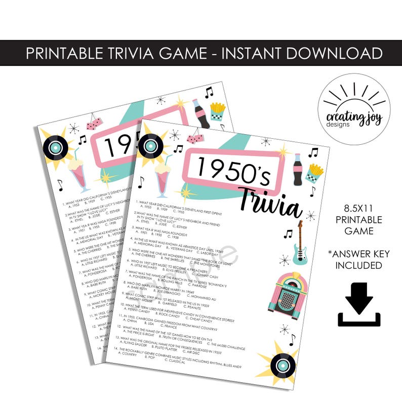 1950's Trivia Game Printable Quiz Instant Download Digital 8.5x11 Boomer Party Fifties 50's ...