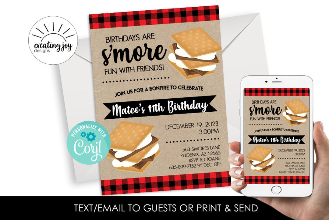 Editable Smores Birthday Invitation Invite Birthday Digital 5x7 Red ...