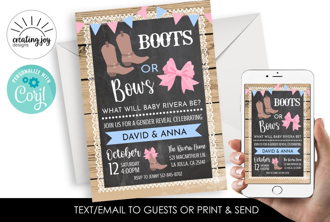 Editable Boots or Bows Gender Reveal Invite Invitation Digital Party ...