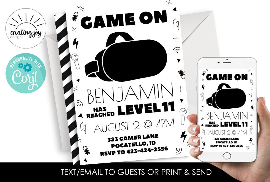 Editable VR Birthday Invitation Kids Digital 5x7 Virtual Gaming Gamer ...