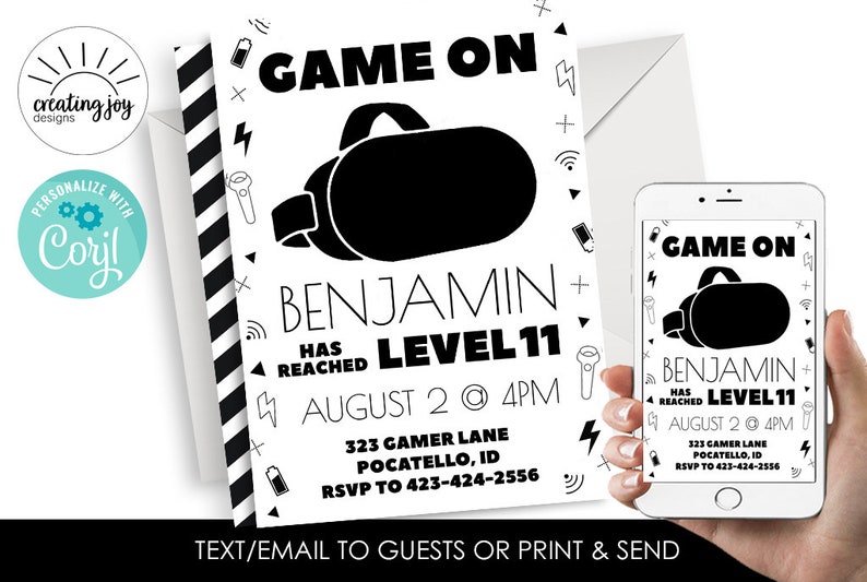 Editable VR Birthday Invitation Kids Digital 5x7 Virtual Gaming Gamer ...