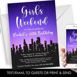 Editable Girls Weekend Invitation Birthday Invite Night Sky Skyline ...