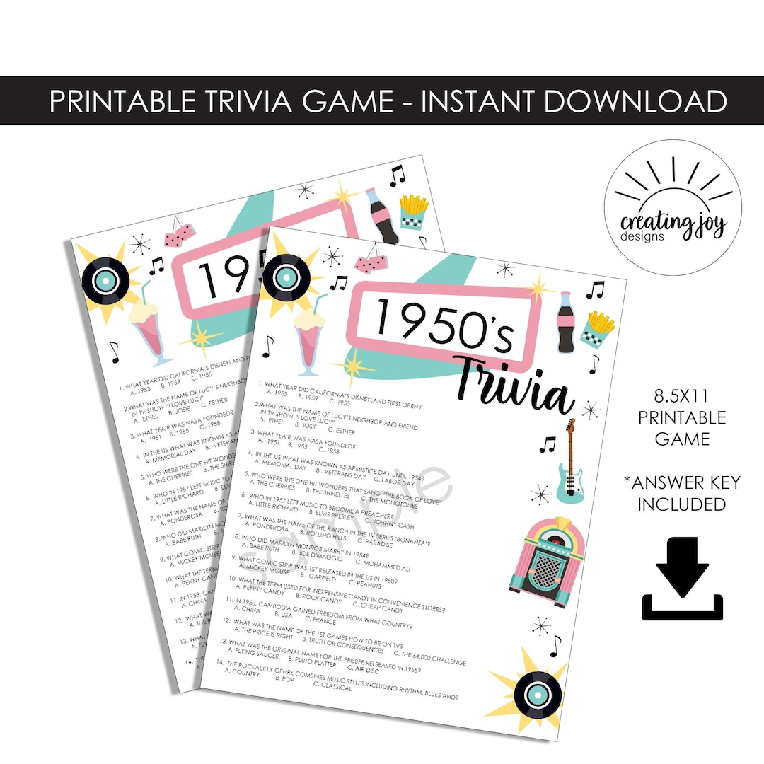 1950's Trivia Game Printable Quiz Instant Download Digital 8.5x11 ...