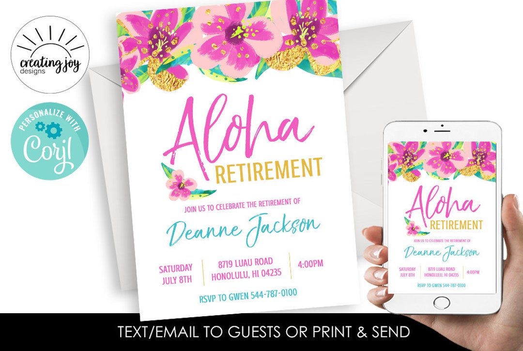 Editable Aloha Retirement Invitation Party Invite Purple Gold Glitter ...