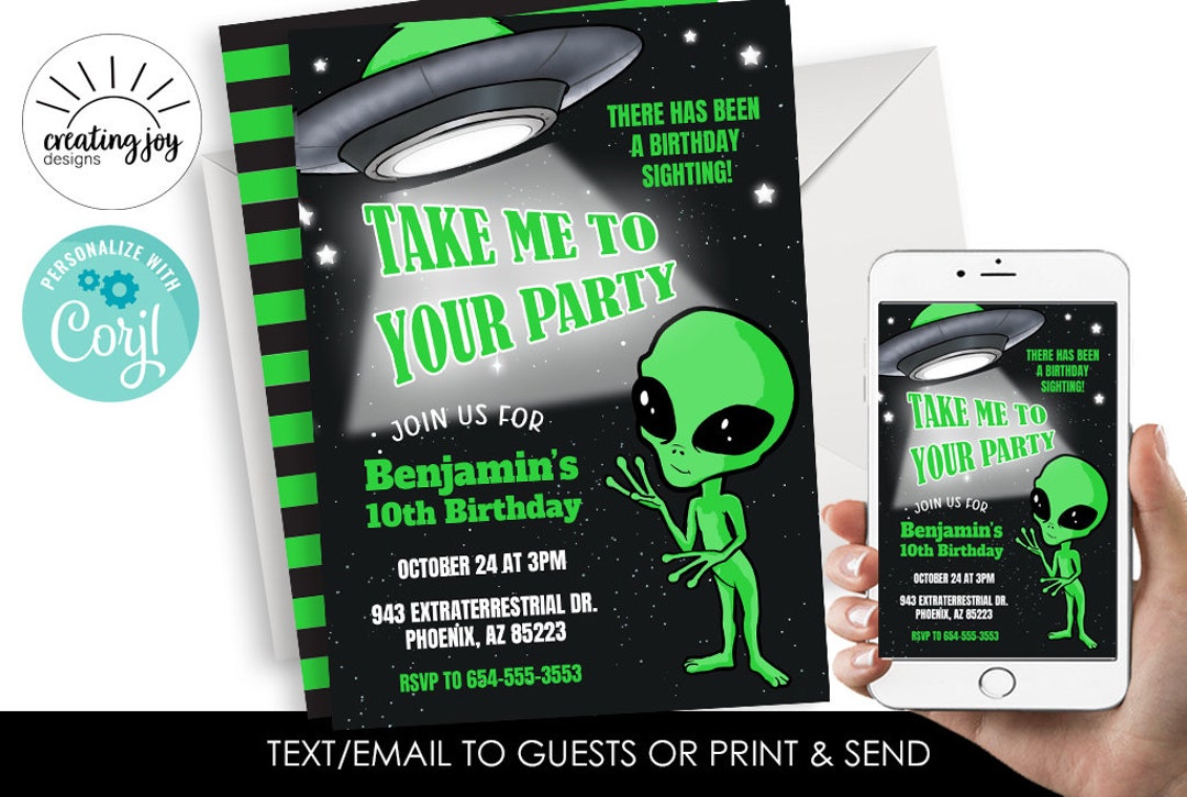 Editable Alien Birthday Invite Invitation Digital 5x7 Green Black Kids ...
