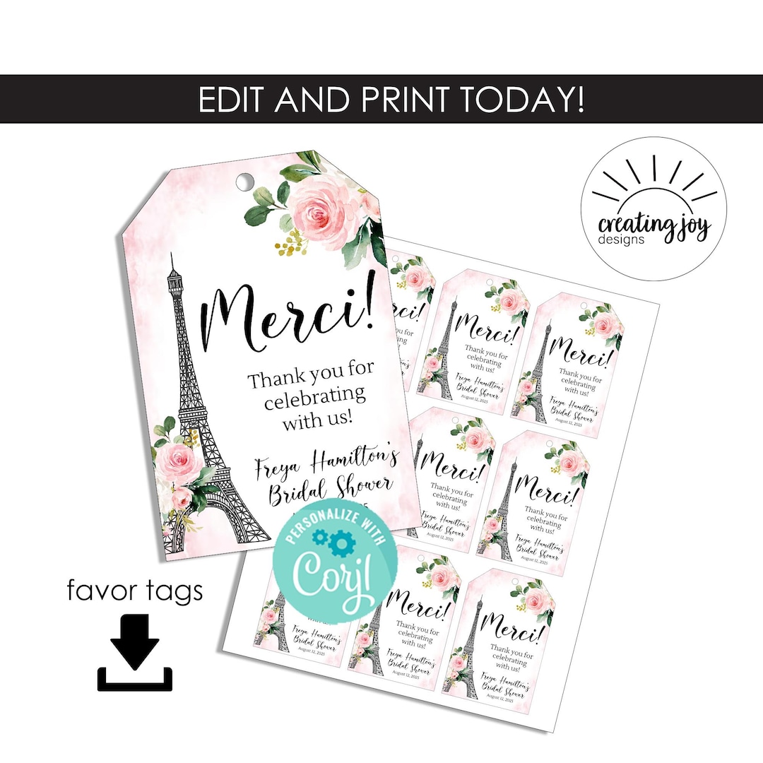 Editable Paris Favor Tags Merci Thank You Tag Ooh La La Birthday Bridal ...