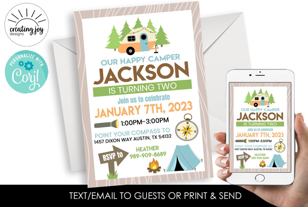 Editable Happy Camper Invitation Invite Birthday Boys Camping Little ...