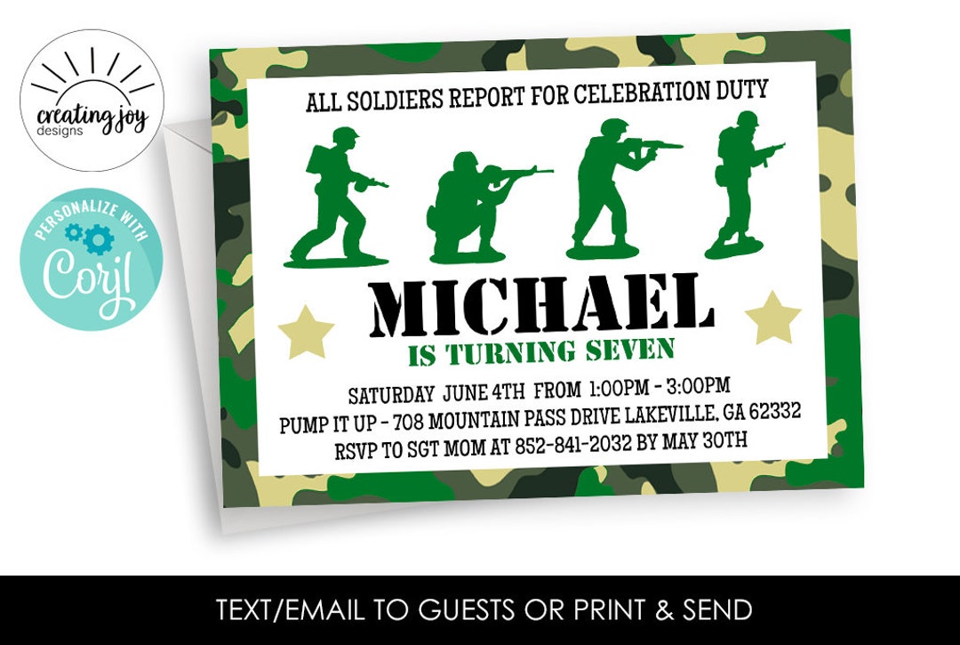 Editable Army Birthday Invitation, Soldier Invite Birthday Party ...