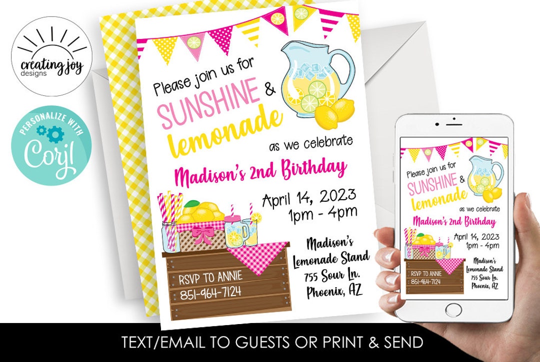 Editable Pink Lemonade Stand Birthday Invitation Invite Digital 5x7 ...