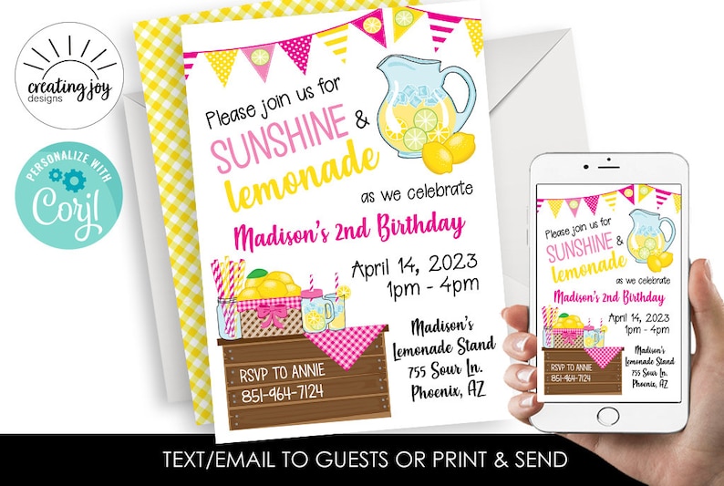 Editable Pink Lemonade Stand Birthday Invitation Invite - Etsy